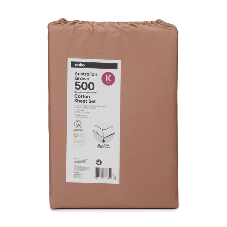 500 Thread Count Australian Grown Cotton Sheet Set - King Bed, Tan - Kmart