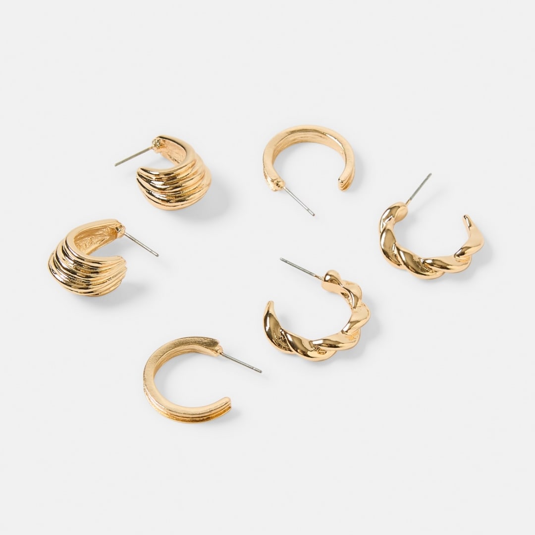 3 Pack Mix Hoop Earrings - Gold Tone - Kmart