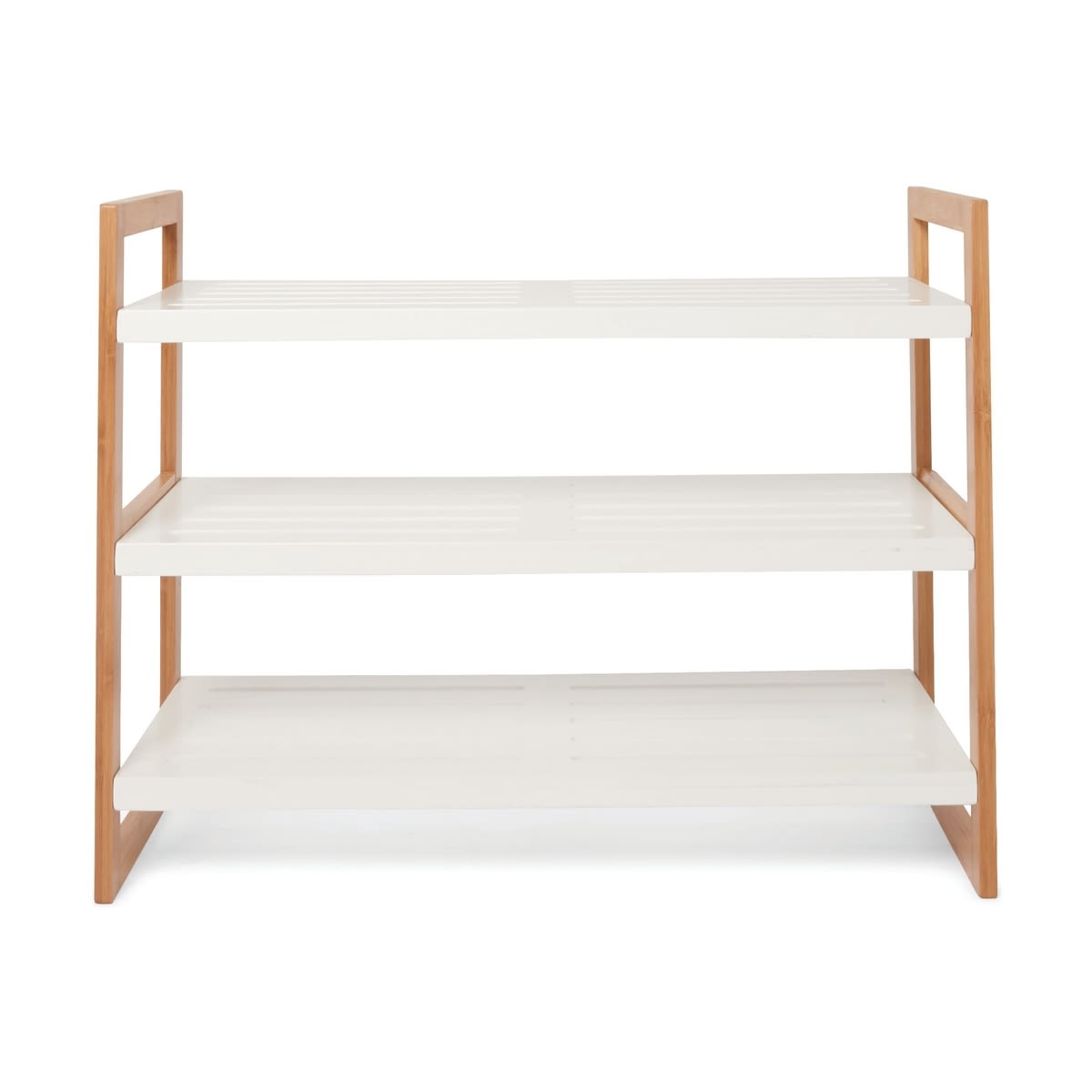 3 Tier Stackable Bamboo Shoe Rack with White Shelves - Kmart