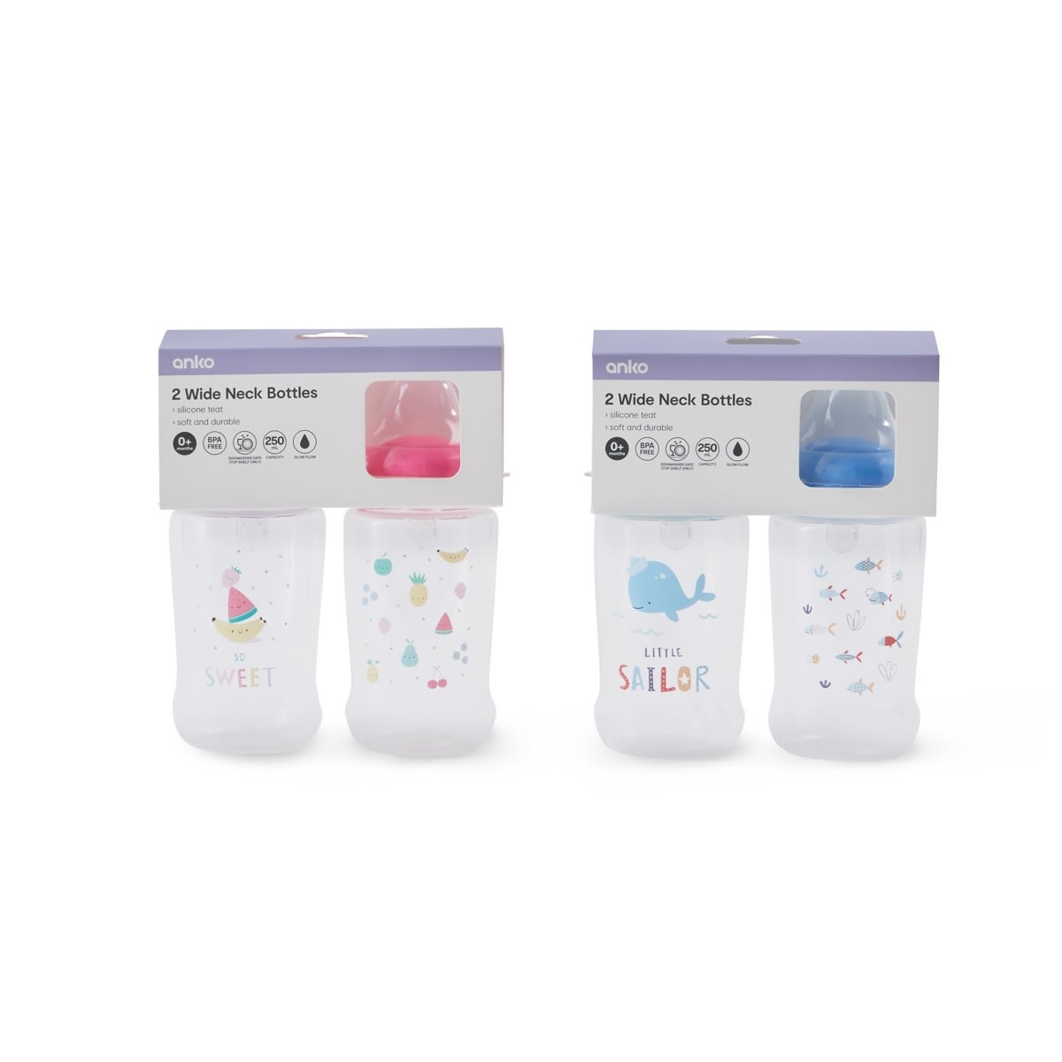 2 Pack Wide Neck Bottles - Assorted - Kmart