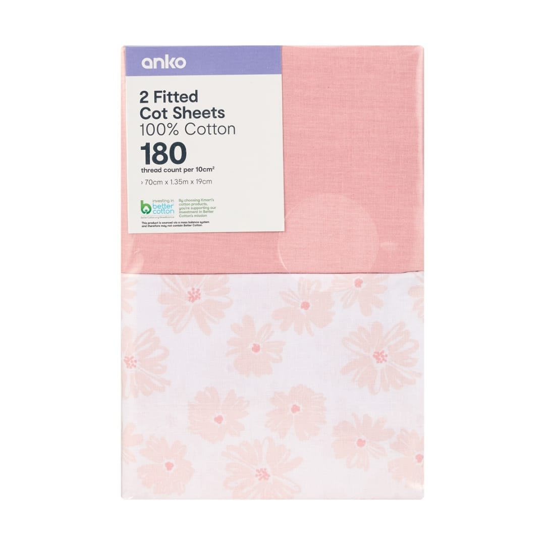 2 Pack Cotton Fitted Cot Sheets - Pink and Scribble Daisy - Kmart