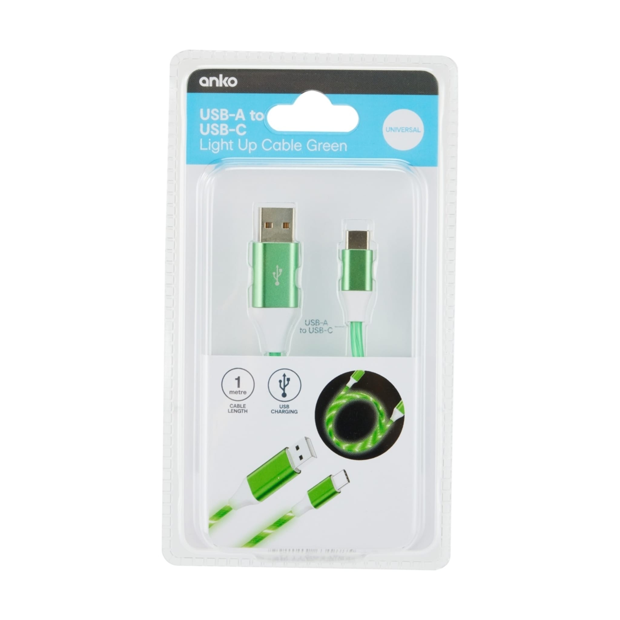 USB-A to USB-C Light Up Cable - Green - Kmart