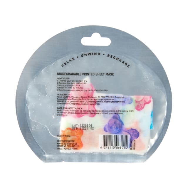 OXX Skincare Jelly Bear Printed Sheet Mask 20ml - Pineapple Extract - Kmart