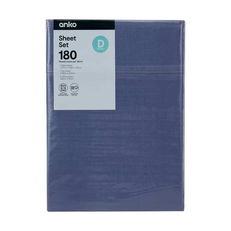180 Thread Count Sheet Set - Double Bed, Mid Blue - Kmart