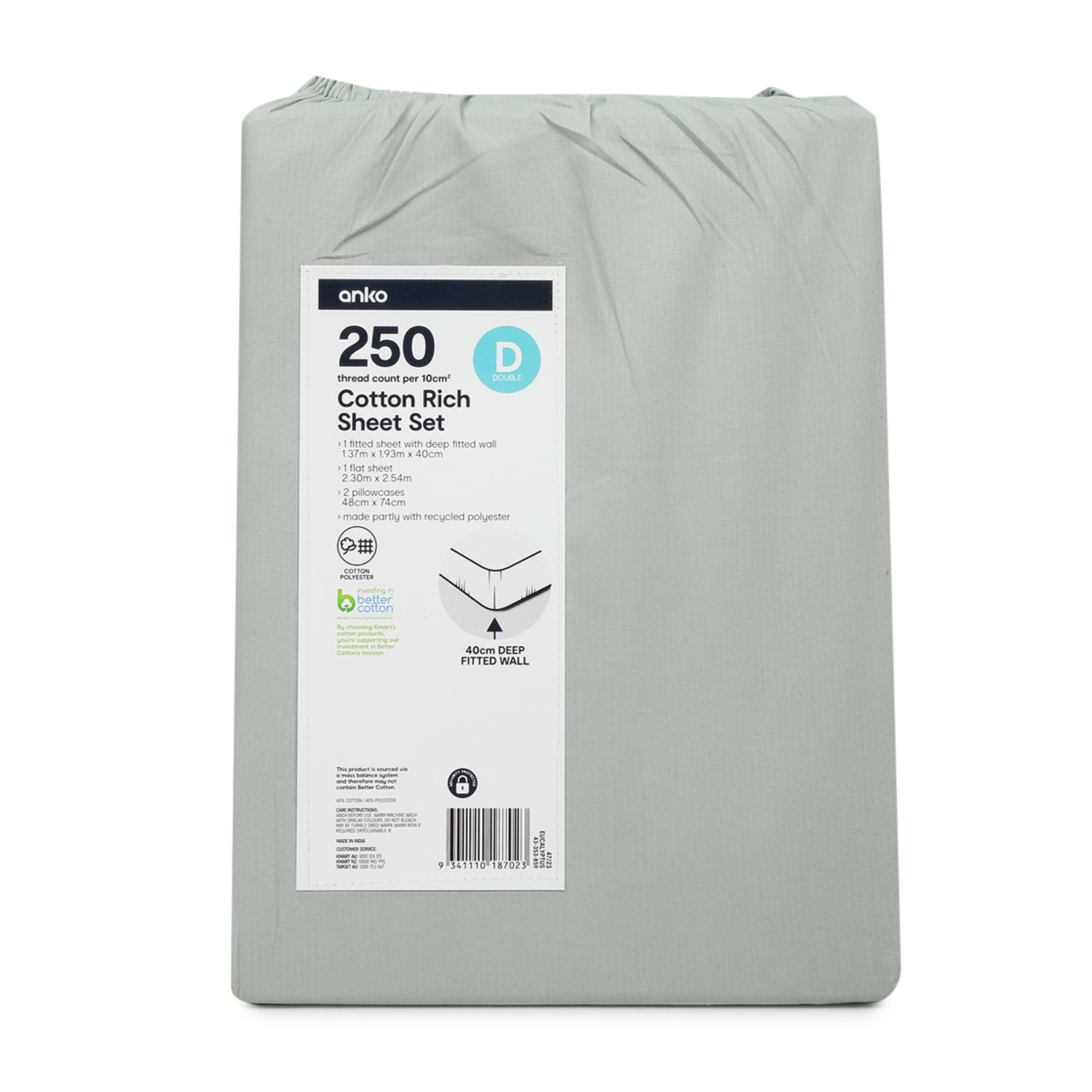 250 Thread Count Cotton Rich Sheet Set - Double Bed, Eucalyptus - Kmart