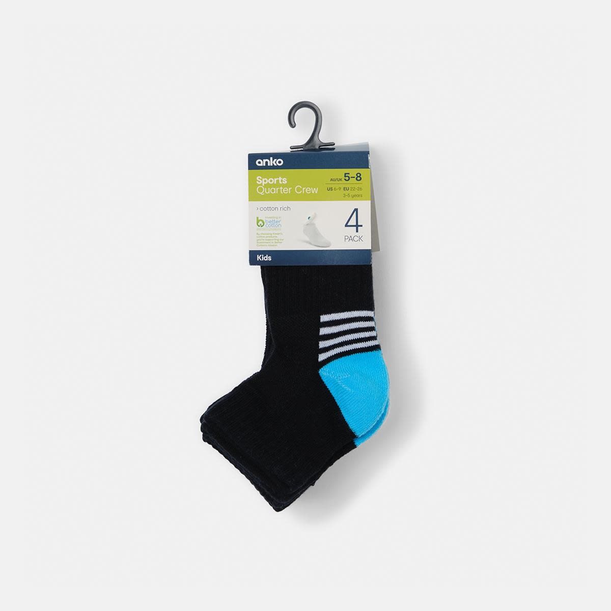 4 Pack Active Kids Quarter Crew Socks - Kmart