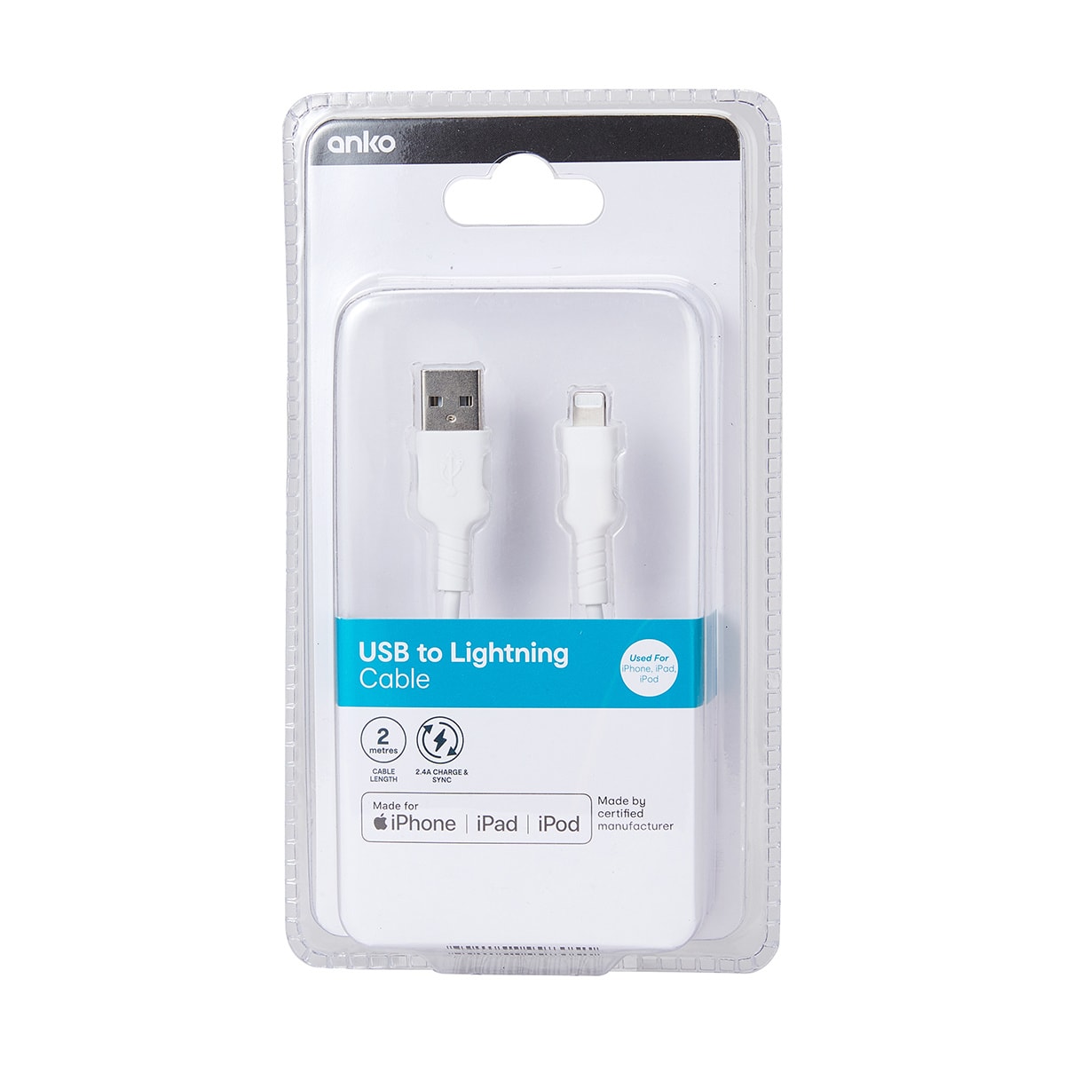 USB to Lightning Cable - 2m, White - Kmart