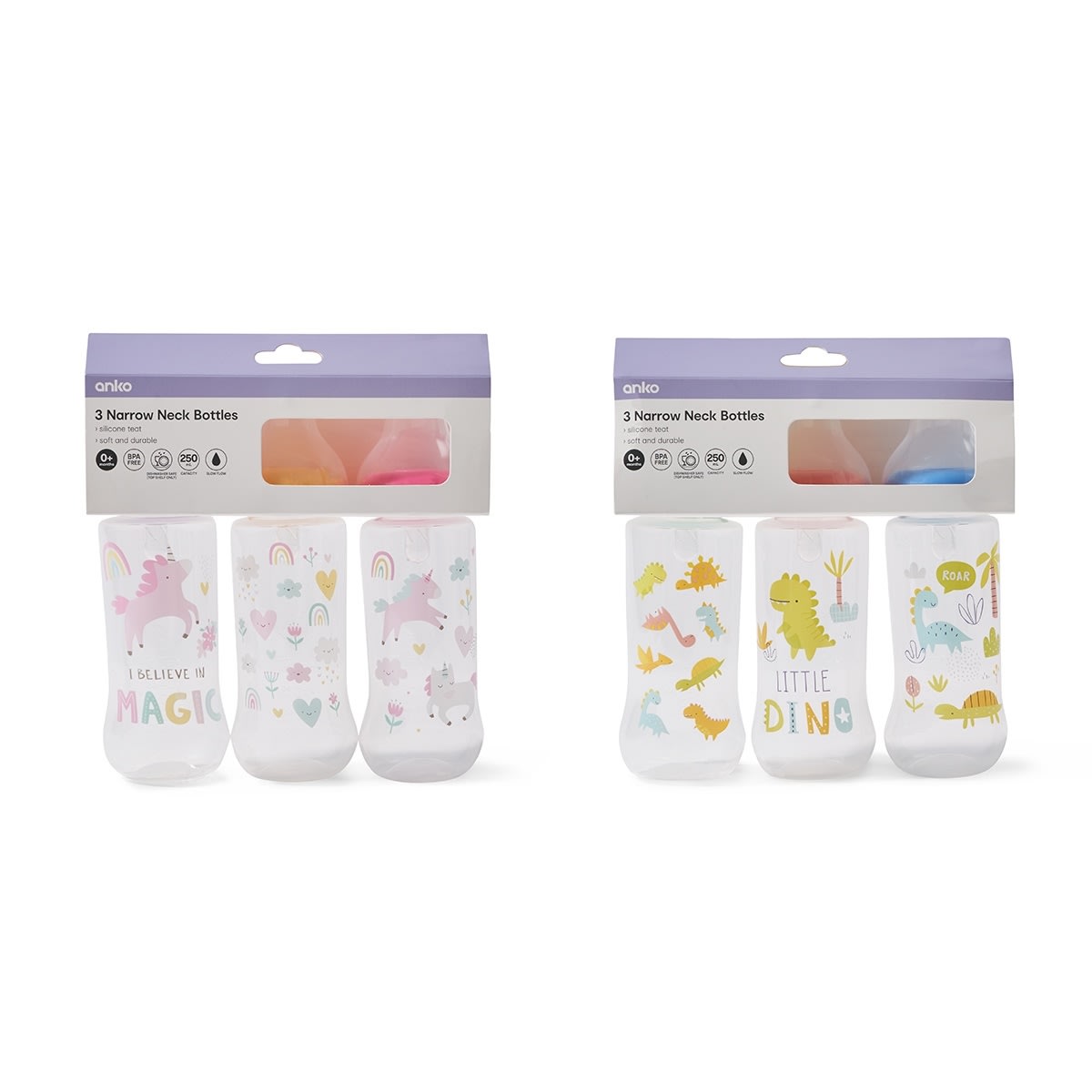 3 Pack Narrow Neck Bottles - Assorted - Kmart