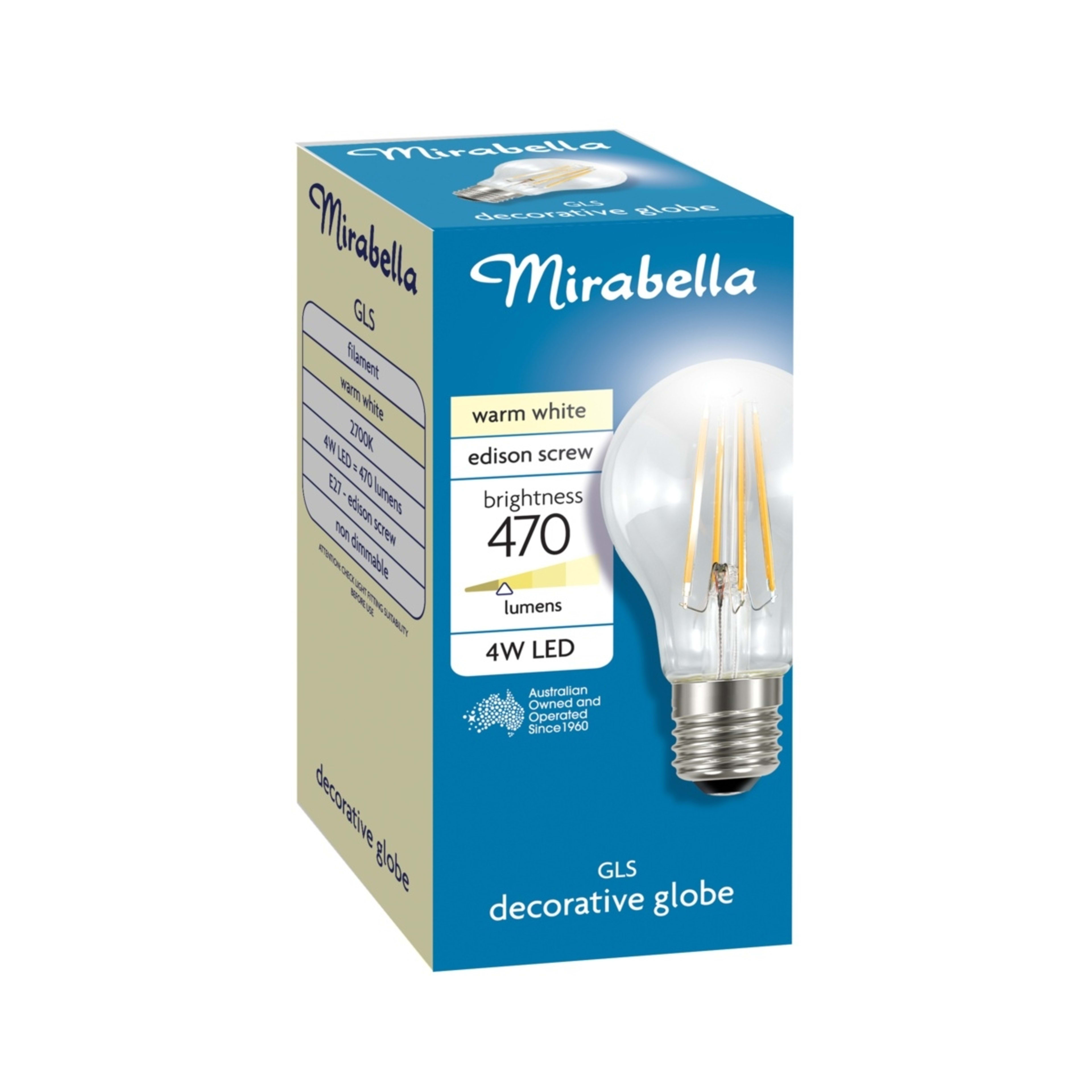 Mirabella 4W LED Filament Warm White GLS Globe - Kmart