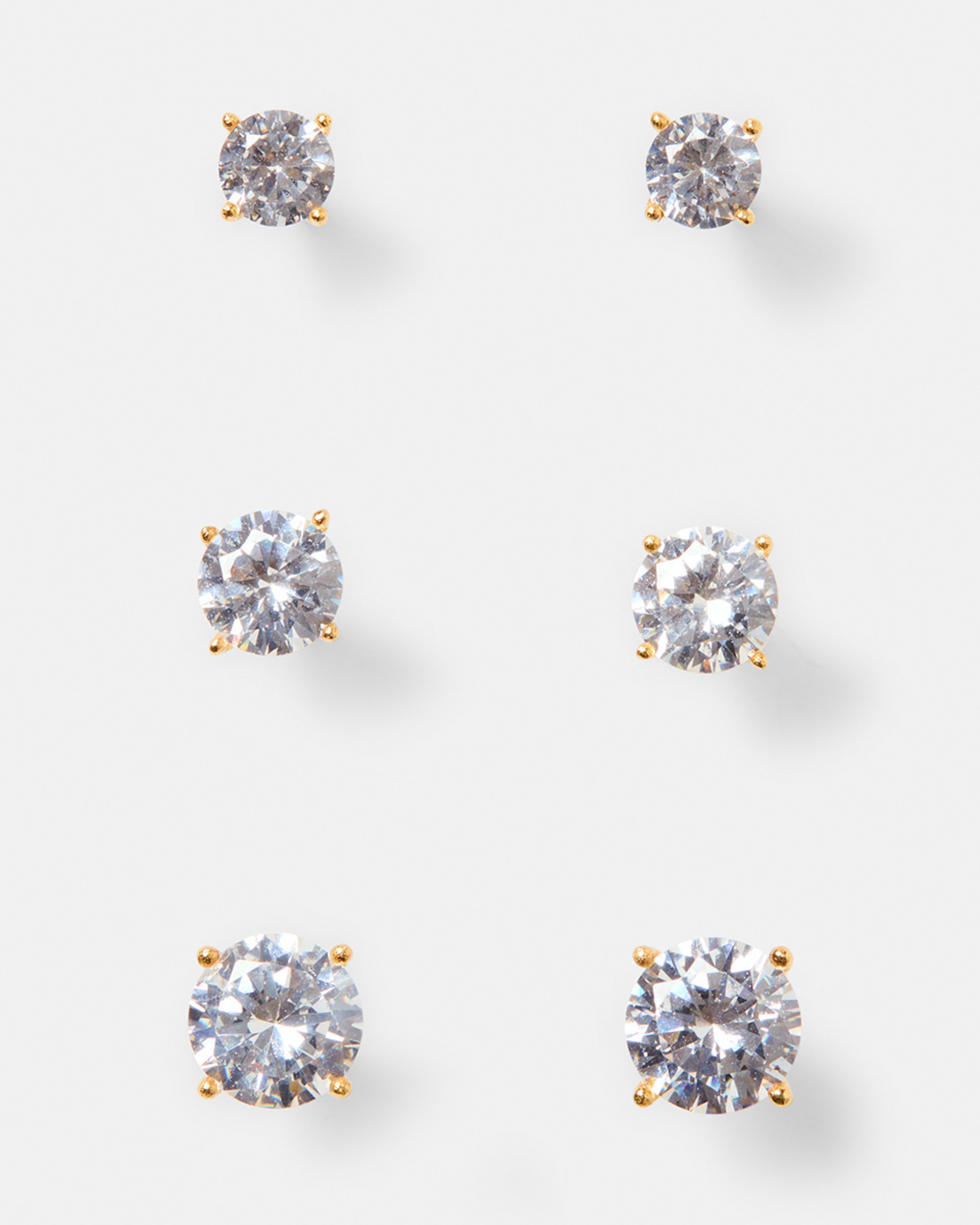 3 Pack Gold Plated Sterling Silver Diamante Stud Earrings - Kmart