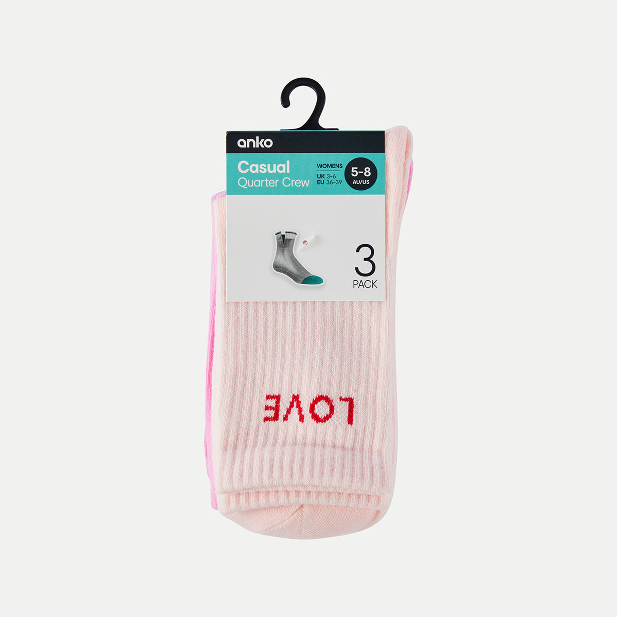 3 Pack Rib Quarter Crew Socks - Kmart NZ
