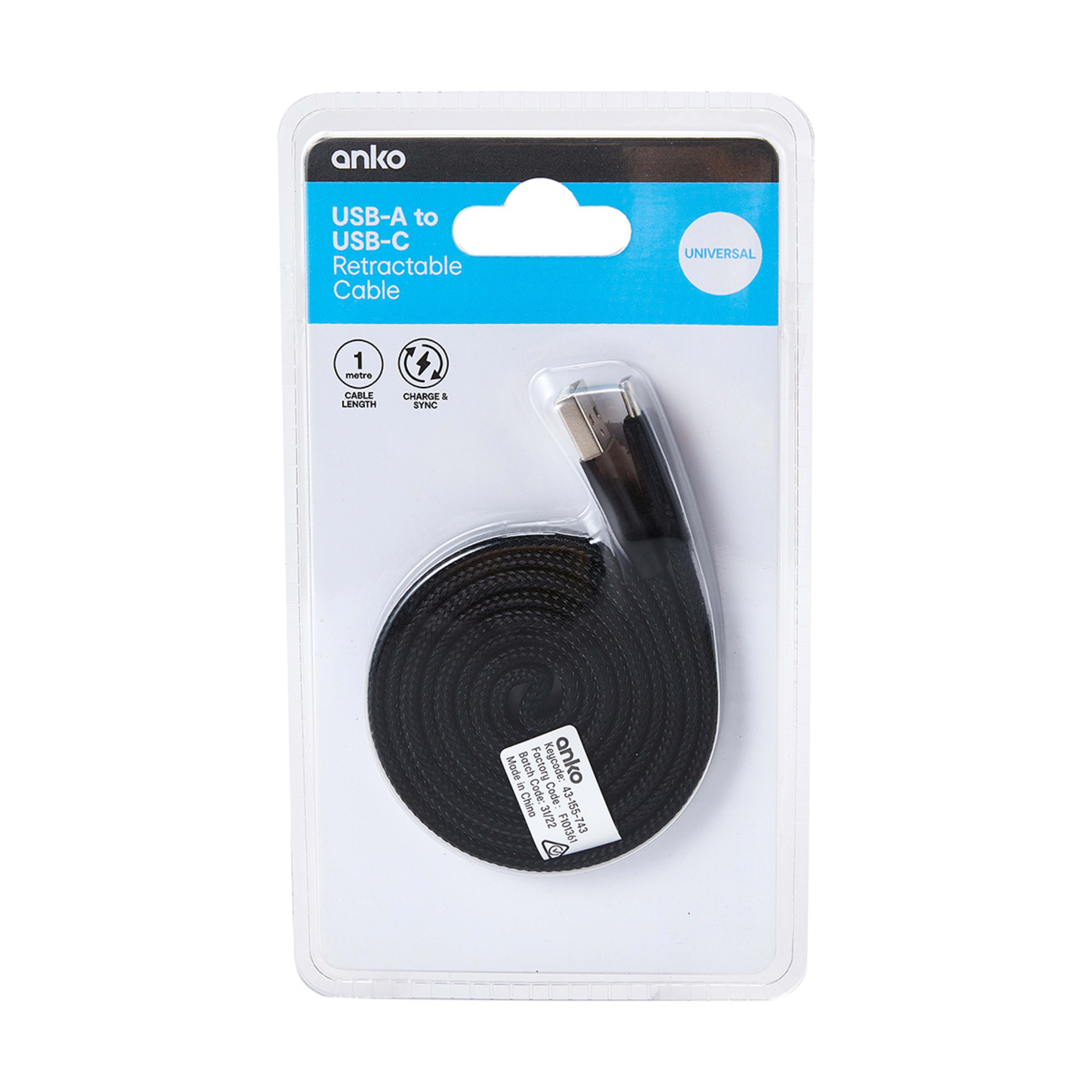USB-A to USB-C Retractable Universal Cable - 1m - Kmart