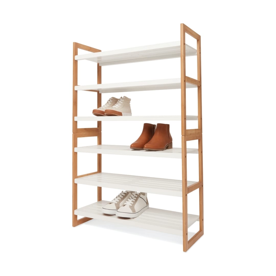 3 Tier Stackable Bamboo Shoe Rack with White Shelves - Kmart