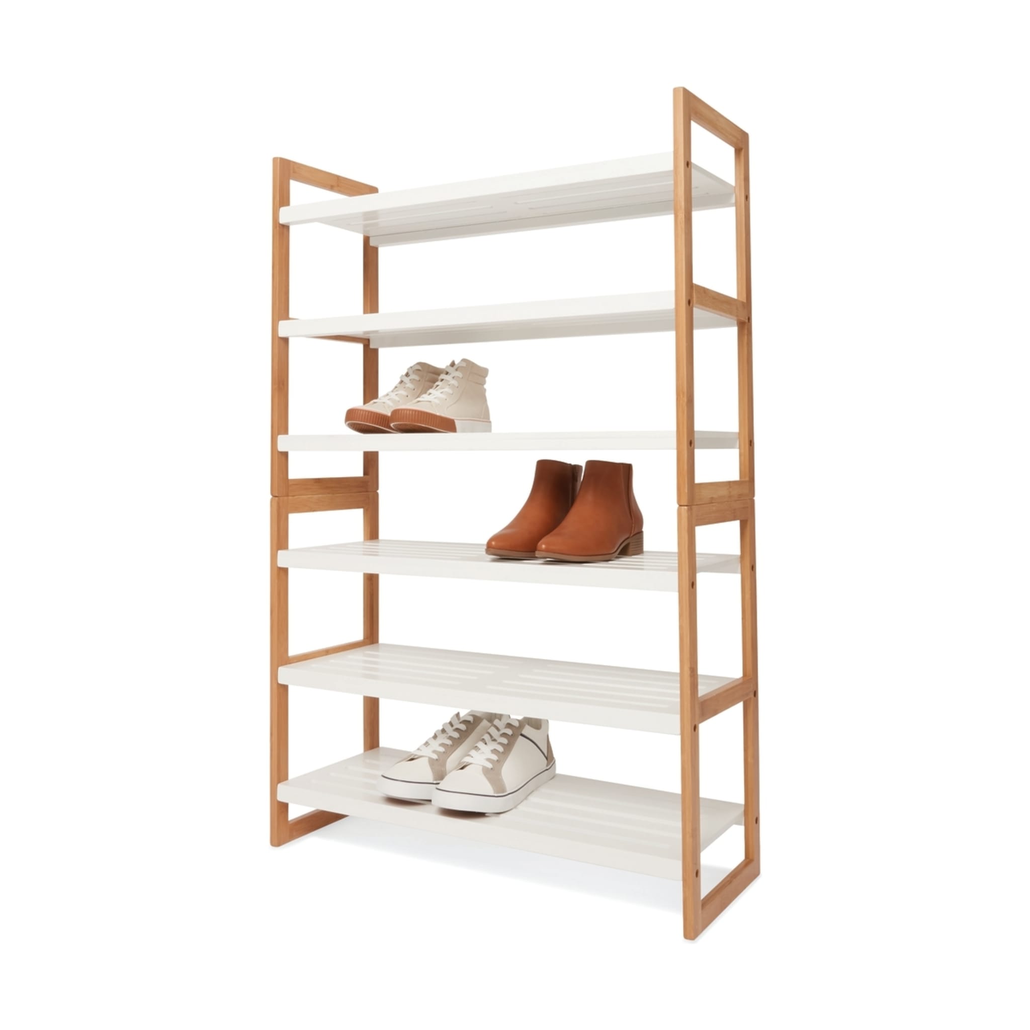 3 Tier Stackable Bamboo Shoe Rack with White Shelves - Kmart