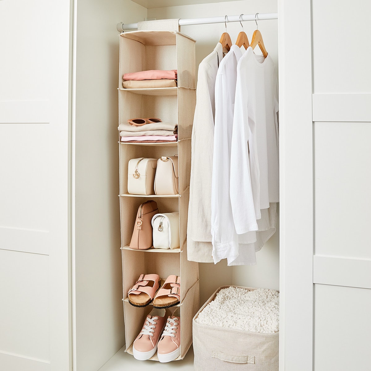 6 Shelf Linen Look Hanging Organiser - Kmart NZ
