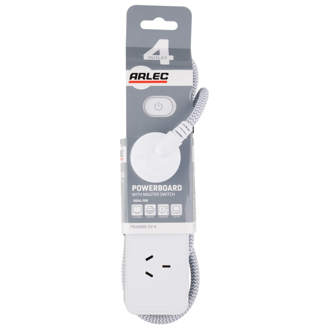4 Outlet Arlec Powerboard with Master Switch - Grey - Kmart