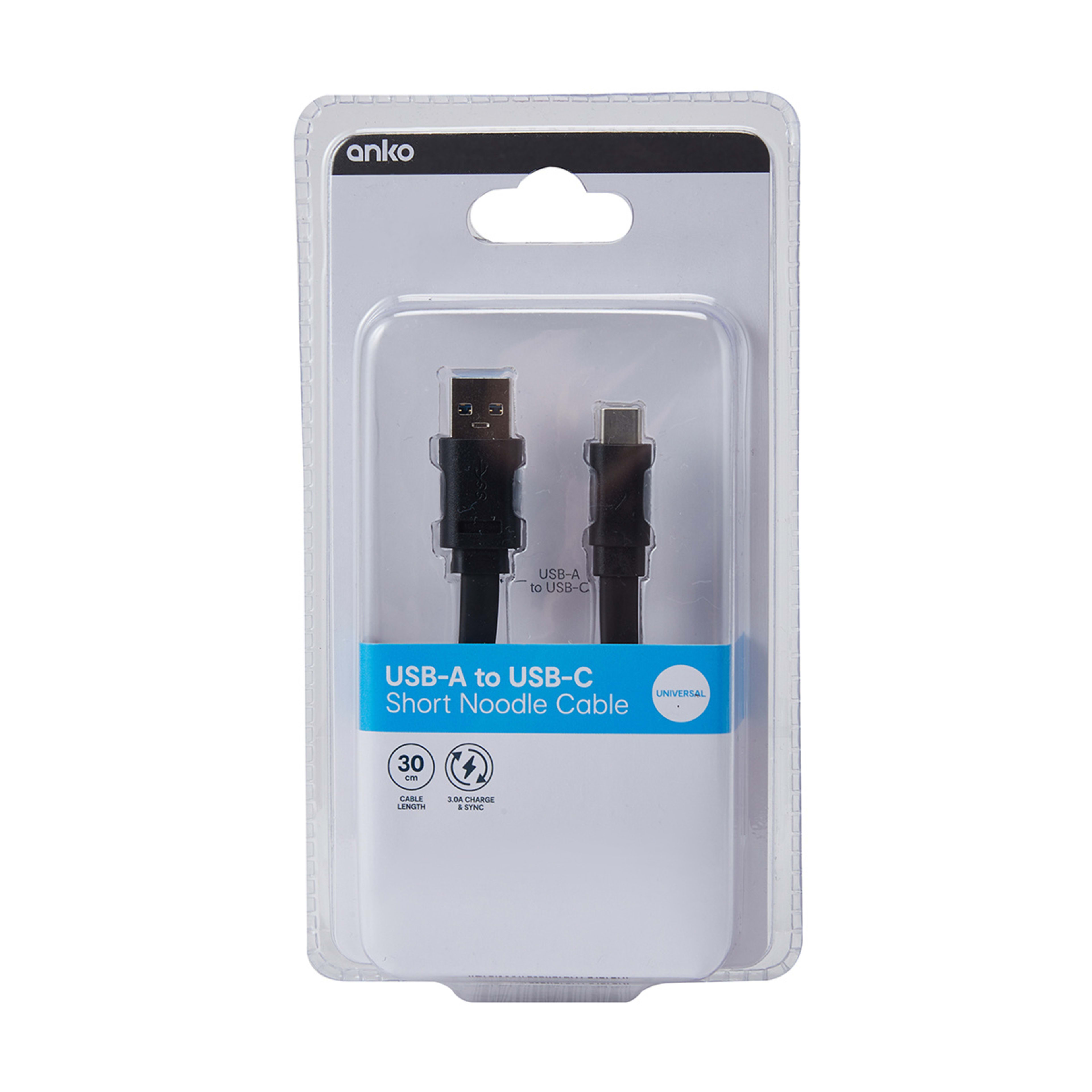 USB-A to USB-C Short Noodle Black Cable - 30cm - Kmart