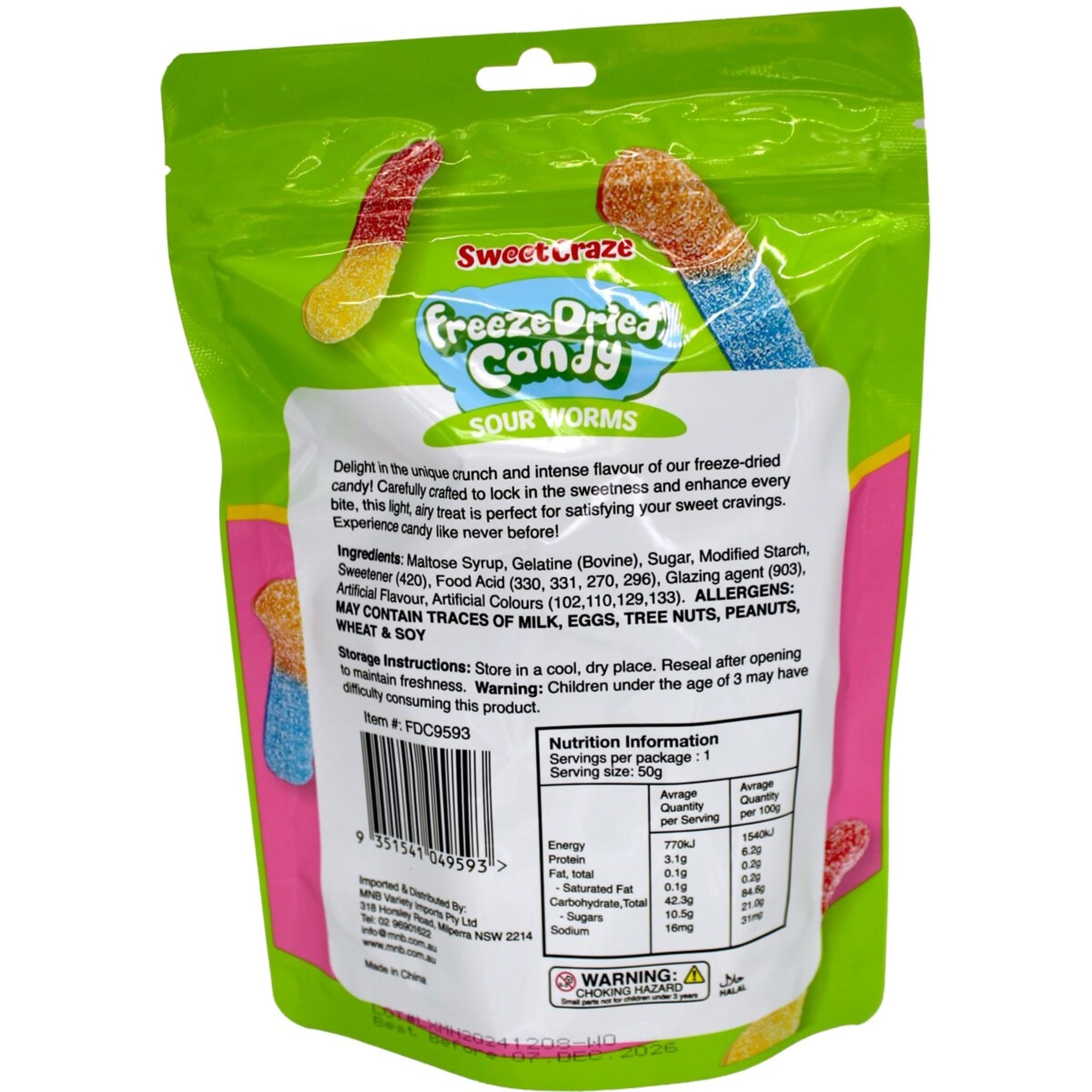 Sweet Craze Sour Worms Freeze Dried Candy 50g - Kmart