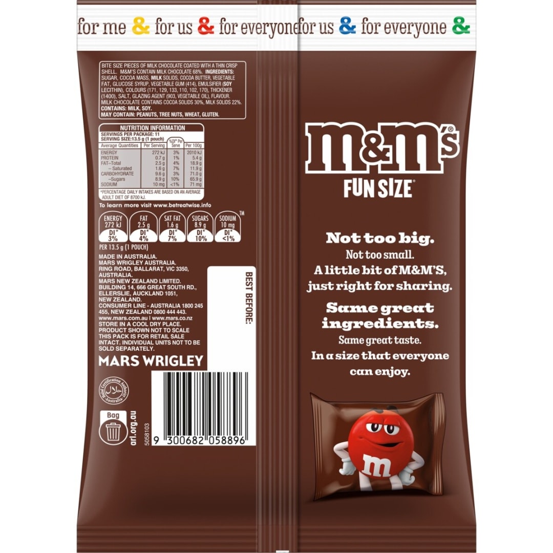 M&M’s 11 Pack Fun Size Milk Chocolate Share Pack 148g - Kmart