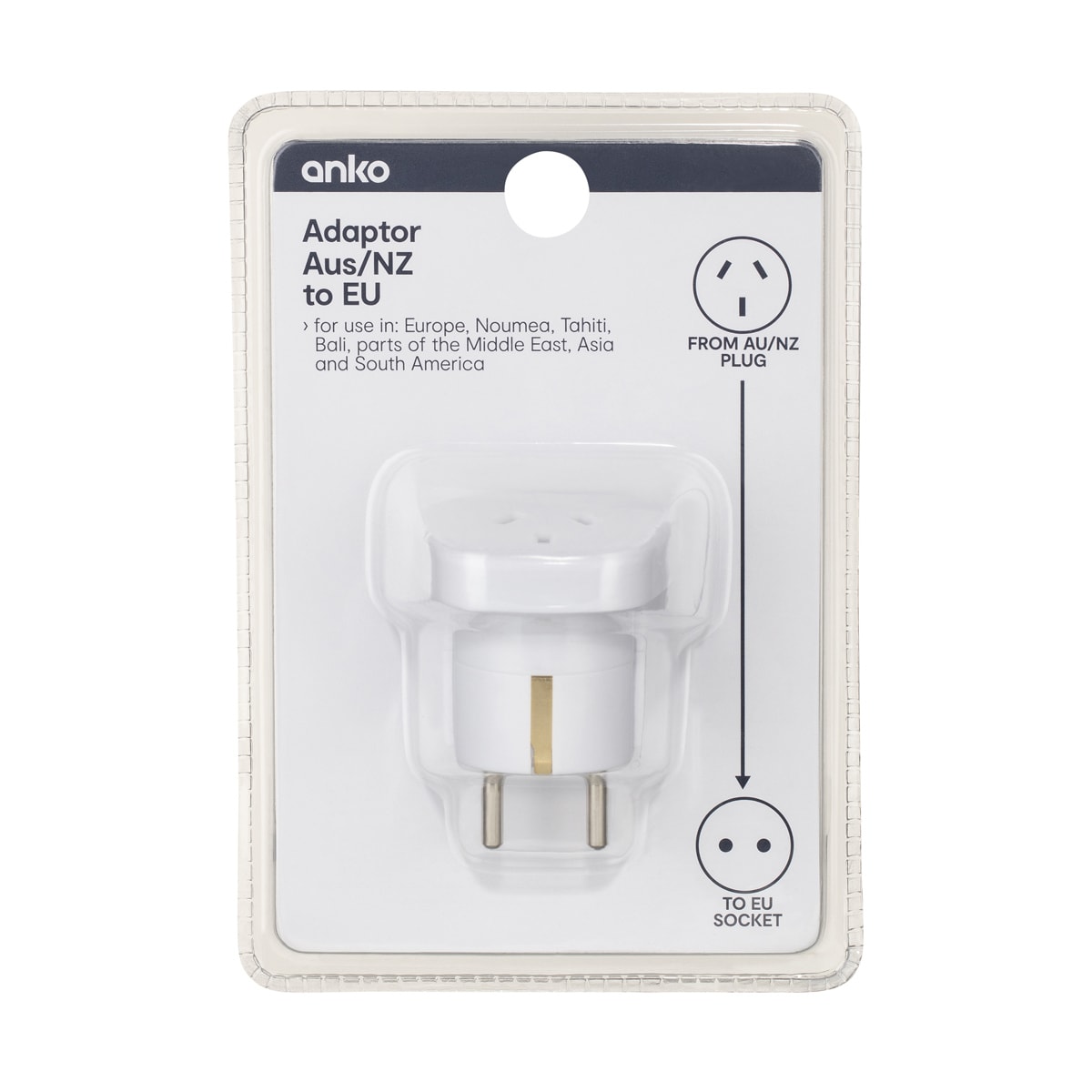 Adaptor - AU/NZ Plug to EU Socket - Double Round Pins - Kmart NZ