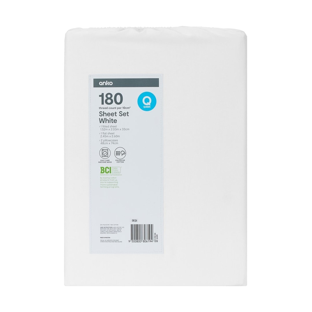 180 Thread Count Sheet Set - Queen Bed, White - Kmart