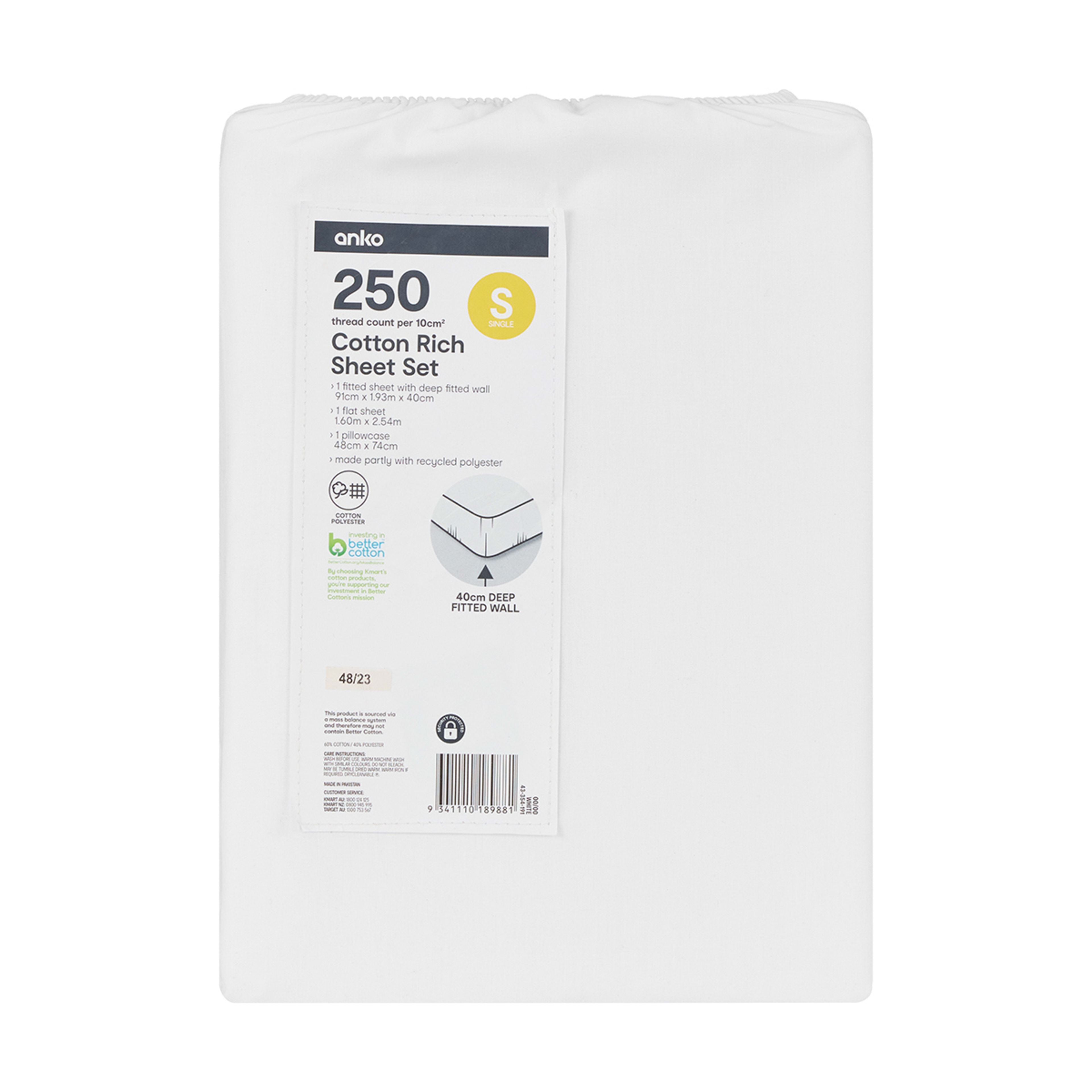 250 Thread Count Cotton Rich Sheet Set - Single Bed, White - Kmart NZ