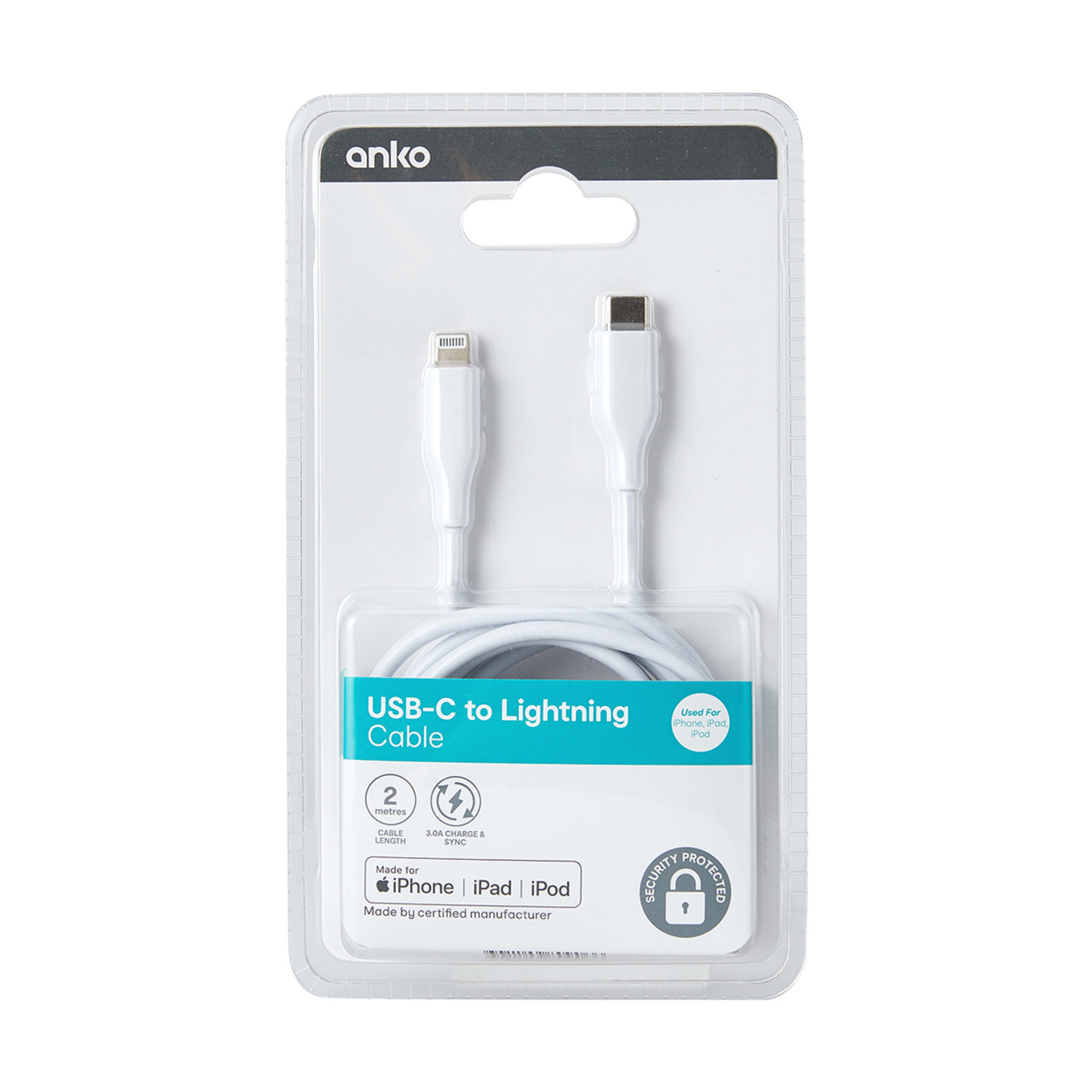 USBC Lightning Cable - 2m, White - Kmart