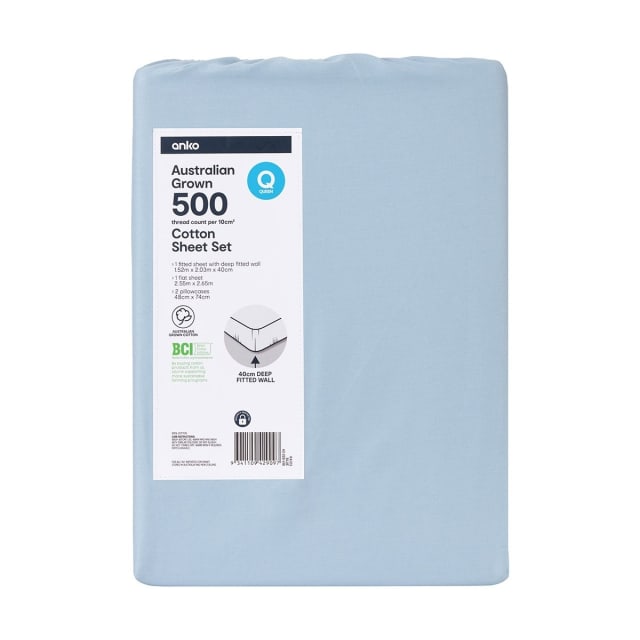500 Thread Count Australian Grown Cotton Sheet Set - Queen Bed, Blue ...